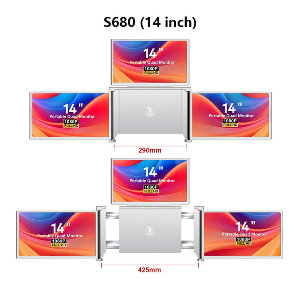 Trion 14" FHD Portable Monitor Quad Screen with One-Cable Triple Displ